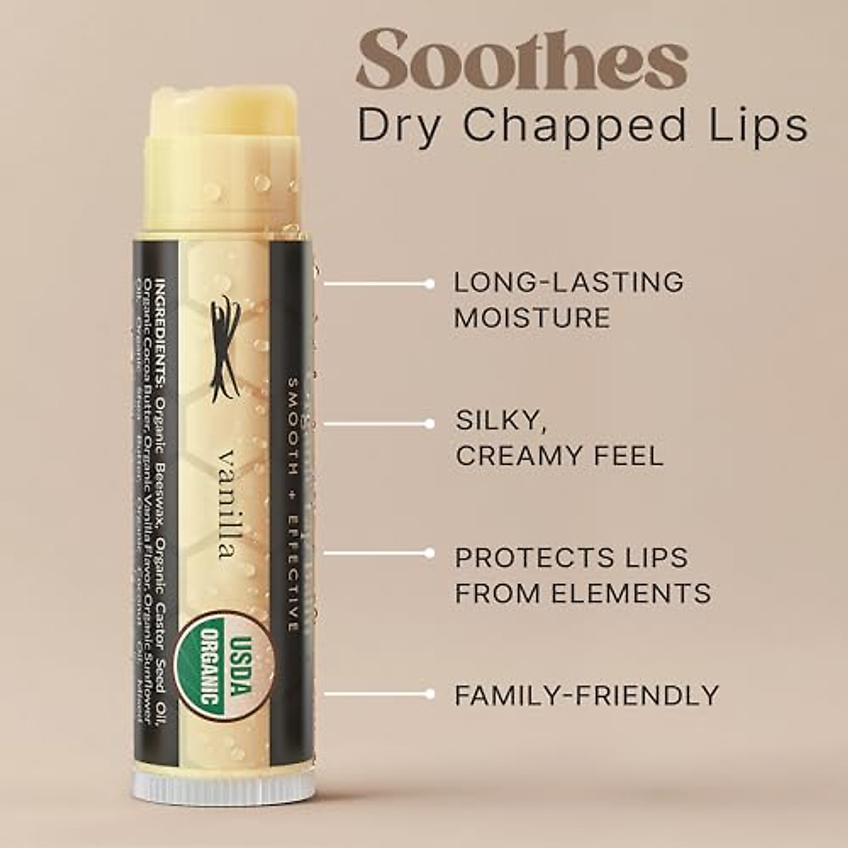 4 Pack Organic Vanilla Bean & Honey Lip Balm - Natural Lip Moisturizer Gifts for Men, Women & Kids