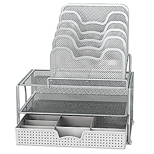 Simple Houseware Mesh Desk Organizer with Sliding Drawer, Double Tray and 5 Stacking Sorter Sections, Silver