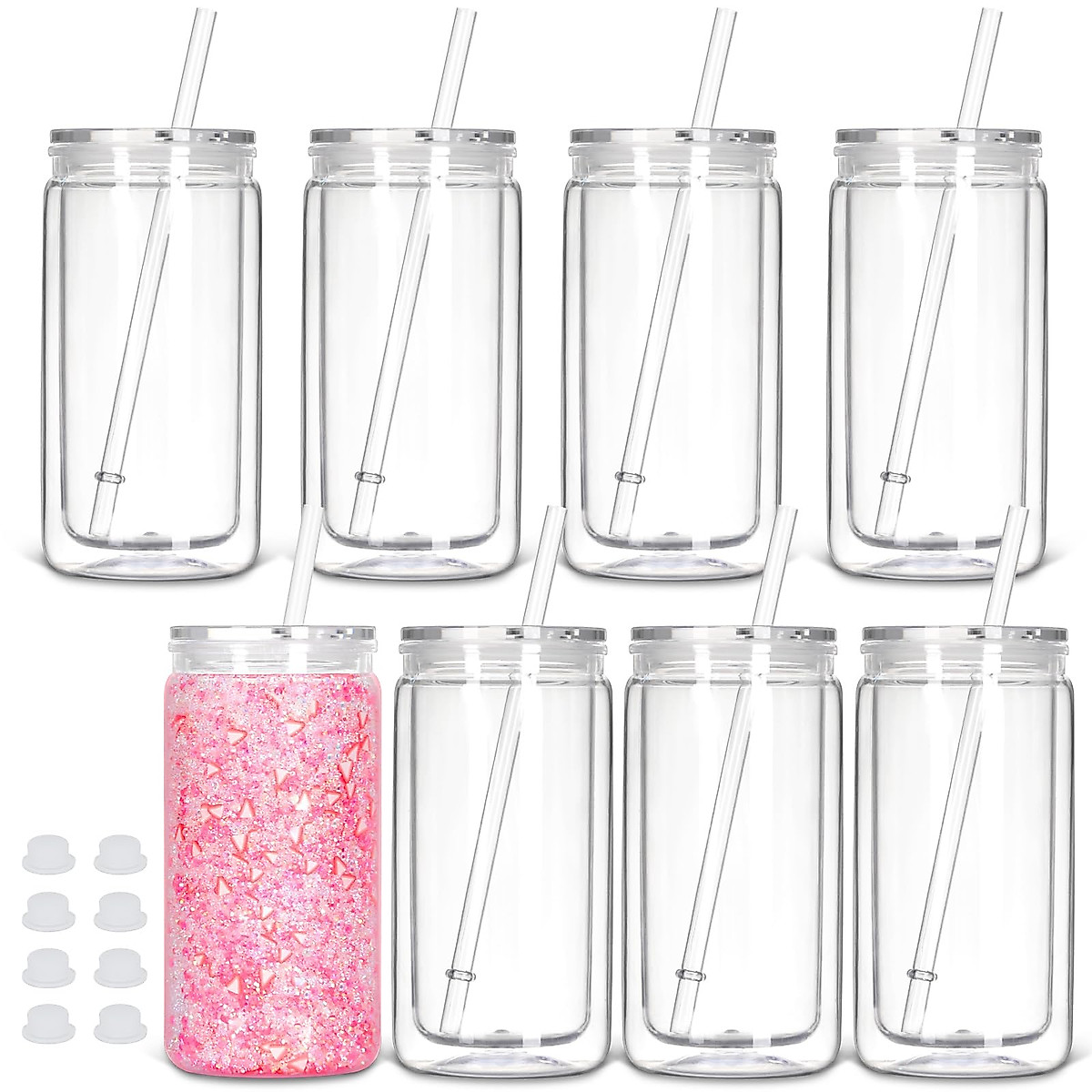 Tswofia 8 Pack plastic Snow Globe Tumbler, 16 Oz Double Wall Plastic Can with Lid and Straw, Plastic Mason Jar Mug for Snow Globe Glitter DIY Gift (Clear)