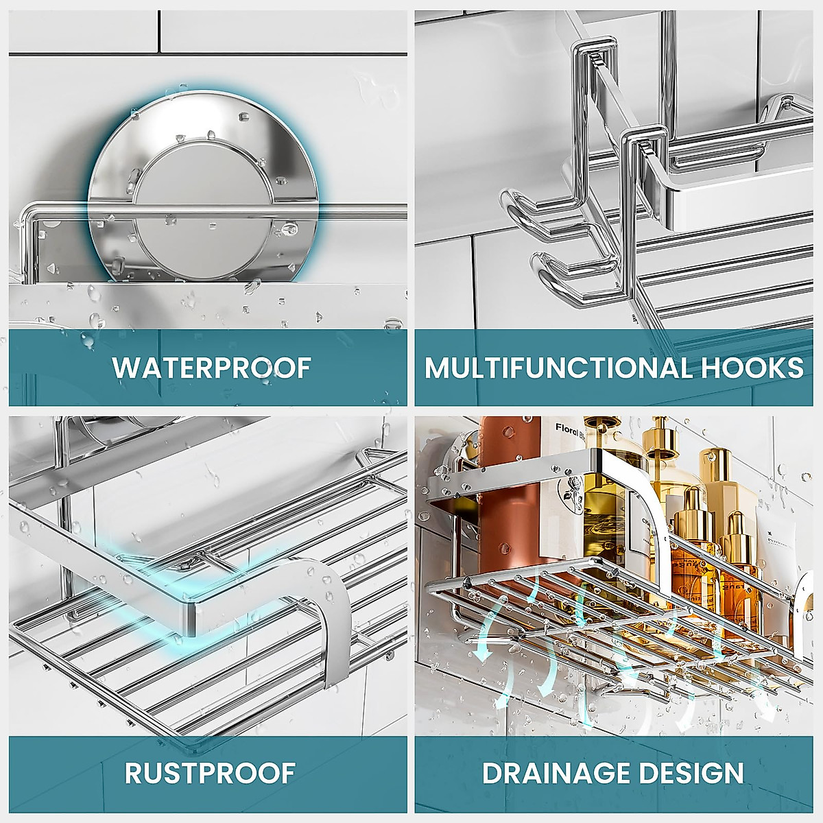 TAILI Shower Caddy Suction Cup 2 Pack, Heavy Duty Bathroom Shower Organizer, No Drilling Shower Shelves for Inside Shower, Stainless Steel Silver Shower Holder Organizer for Bathroom