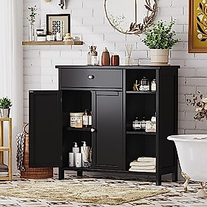 Irontar Bathroom Cabinet with Doors, Bathroom Floor Cabinet with Drawer & Adjustable Shelf, Kitchen Cupboard Storage for Living Room, Entryway, Black
