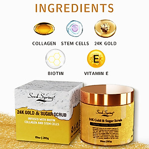 Seed Spring 24K Gold & Sugar Body Scrub - Exfoliating Body Scrub - Moisturizing & Deep Cleansing - Remove Dead Skins - Anti Aging Hydrating Body Scrub for Women Men - 10 oz
