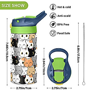 MCHIVER Cute Cat Kitten Cartoon Kids Water Bottle with Straw Insulated Stainless Steel Kids Water Bottle Thermos for School Girls Boys Reusable Tumbler 12 oz / 350 ml Green Top