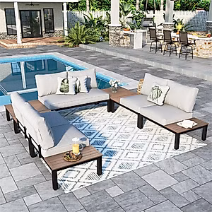 Sophia & William 7 Pieces Outdoor Patio Furniture Set, Metal Sectional Sofa Set Patio Conversation Set with Cushions-4 x Single Sofa with Side Table, 1 x Loveseat Sofa, 2 x Tea Table