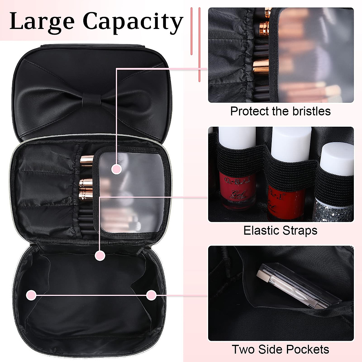 Makeup Bag 2 Pcs Cosmetic Bag Waterproof Large Make Up Bag for Travel Bow-Knot Storage Bag Portable Cosmetic Pouch Makeup Brush Organizer Toiletry Case for Women and Girls Black