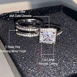 Ahloe Jewelry CEJUG 2Ct Engagement Rings Set for Women Princess Halo CZ Wedding Bands Promise Bridal Wedding Ring for Her Size 8