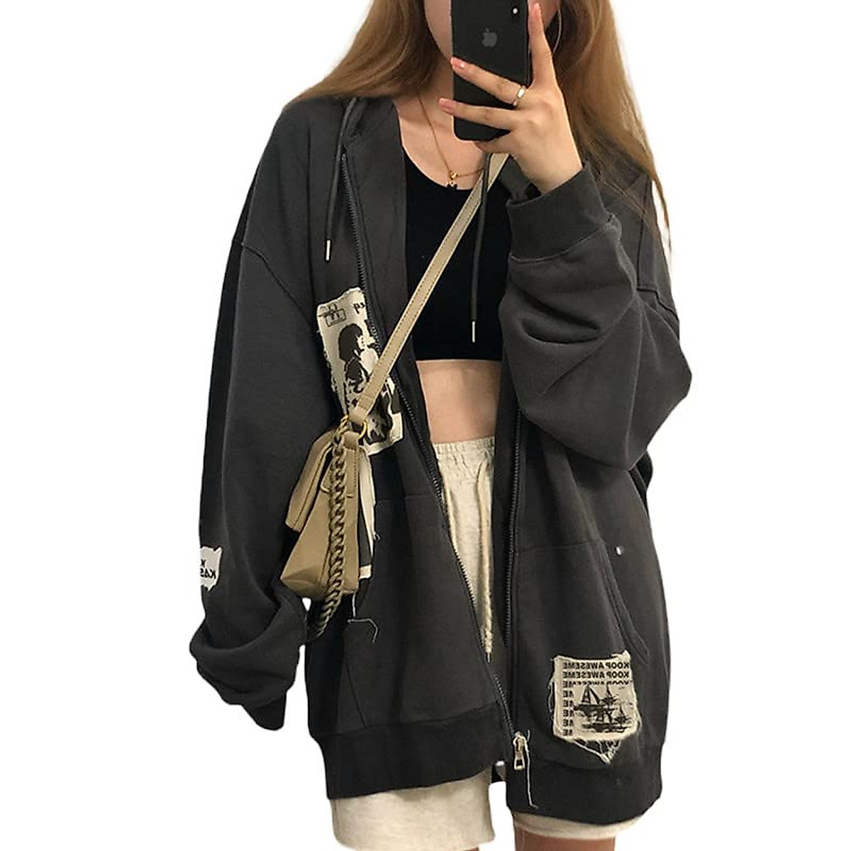 NUFIWI Women’s Angel Print Oversized Hoodies Skull Skeleton Pattern Zip Up Jackets Y2K Autumn Winter Plus Size Sweatshirt