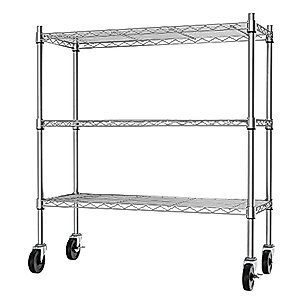 Auslar 3-Shelf Storage Shelves with Casters Heavy Duty 3-Tier Rolling Cart Utility Racks Adjustable Wire Metal Storage Shelving, Chrome