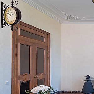 Dyna-Living Double Sided Wall Clock 8-inch Vintage Wall Clock Wall-Mounted 360-degree Rotation Retro Train Station Clock Wrought Iron Double Sided Clock for Indoor Patio Garden Home Use
