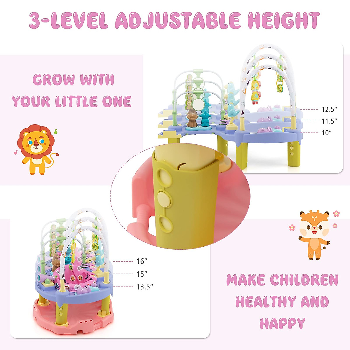 BABY JOY Baby Bouncer Activity Center, 3 in 1 Activity Center & Table | Infant Play Mat, Bouncing Activity Saucer w/Music, 3 Adjustable Height, 360° Seat, Exersaucer for Babies 0-24 Months (Pink)