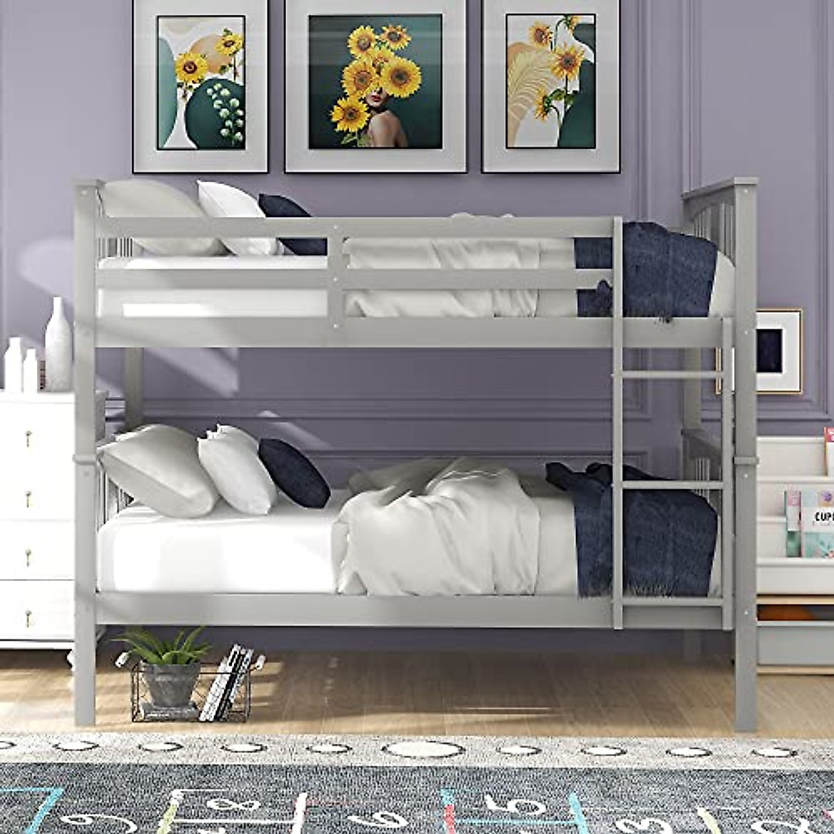 Dividable Full Over Full Bunk Bed with Ladder for Kids, Teens, Adults, No Box Spring Required Solid Wooden Bedframe w/Full-Length Guardrail, Bedroom, Guest Room Furniture, Gray