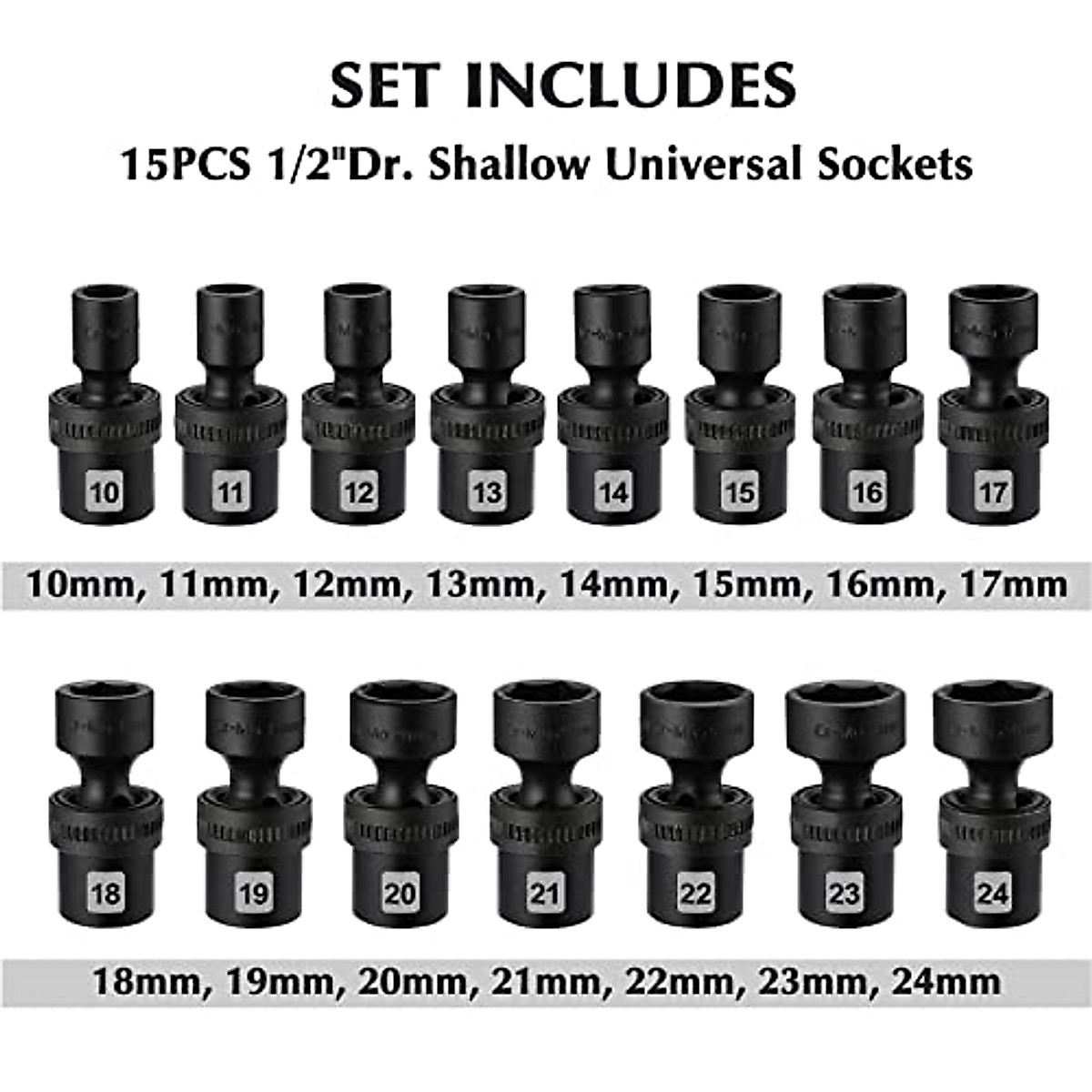 EMENTOL 15PCS 1/2" Drive Shallow Universal Impact Socket Set, 6 Point, Metric, CR-MO, Swivel Standard Impact Socket Set, 10mm - 24mm