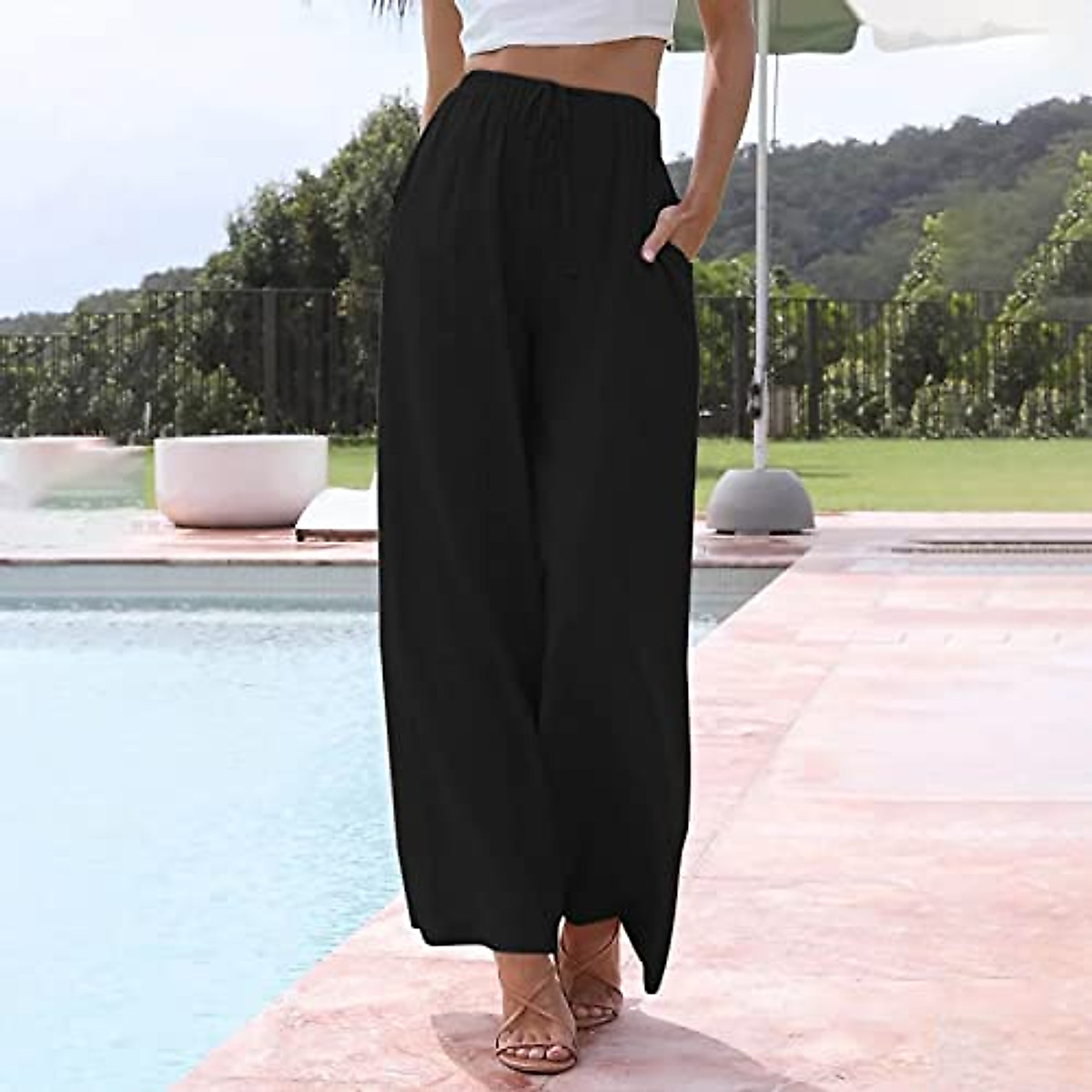 IAMAGOODLADY Palazzo Pants Women's 9-Pant Loose High Waist Cotton Linen Women's High Waisted Pants Linen Pants Women Summer Waisted Elastic Waistband Palazzo