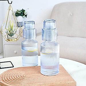 Bedside Water Carafe and Glass Set, Blue Night Water Pitcher with Glass Cup for Nightstand, Modern Mouthwash Dispenser with Tumbler Lid for Keeps Water Clean in Bedroom, Bathroom, or Kitchen