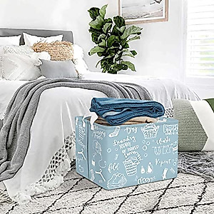 Clastyle Rectangular Blue Laundry Theme Storage Bins Waterproof Simple Fun Words Hanger Iron Laundry Basket Detergent Bubble Storage Basket for Toys Clothes Bedroom, 15.7x11.8x11.8 in