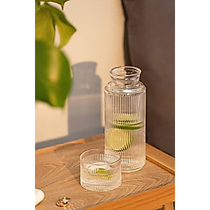 Alfi+Mag Bedside Glass Water Carafe and Tumbler Set - 24.7 Oz Water Bottle with 5.7 Oz Drinking Glass Cup, Carafe for Nightstand, Mouthwash Decanter Bathroom Set, Handmade Gift (Ripple Clear Glass)