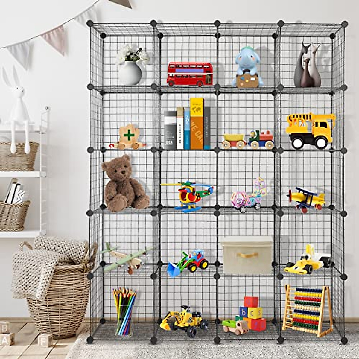 Karl home 20 Cubes Wire Cube Storage Organizer, Modular Closet Cabinet Stackable Cube Shelving Shelves Unit, Plastic Portable Bookshelf Bookcase for Office Bedroom Bathroom Living Room 14"x14" Black