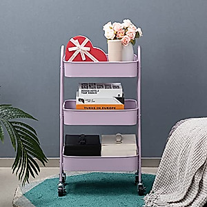 AGTEK Makeup Cart, Movable Rolling Organizer Cart, 3 Tier Metal Utility Cart with Lockable Wheels for Home & Office, Purple