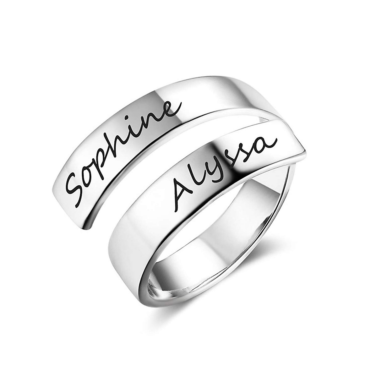 PEIMKO Spiral Name Ring Personalized Adjustable/Open Twist Ring BFF Engraved 2 Names in Sterling Silver/Gold Plated Size 4-15, 1 Piece (925 Sterling Silver)