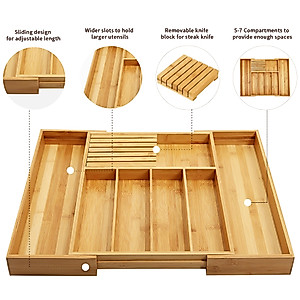 Bamboo Silverware Tray for Drawer, Expandable Utensils Drawer Organizer, Cutlery Dividers, 5-7 Compartments