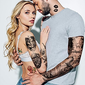 46 Sheets Full Arm Temporary Tattoo Waterproof For Men(L22.8“xW7”), Fake Tattoos for Women Lion Tiger Clock Flower Skeleton Animals Design, Hand Forearm Shoulder 3D Temporary Tattoos Stickers