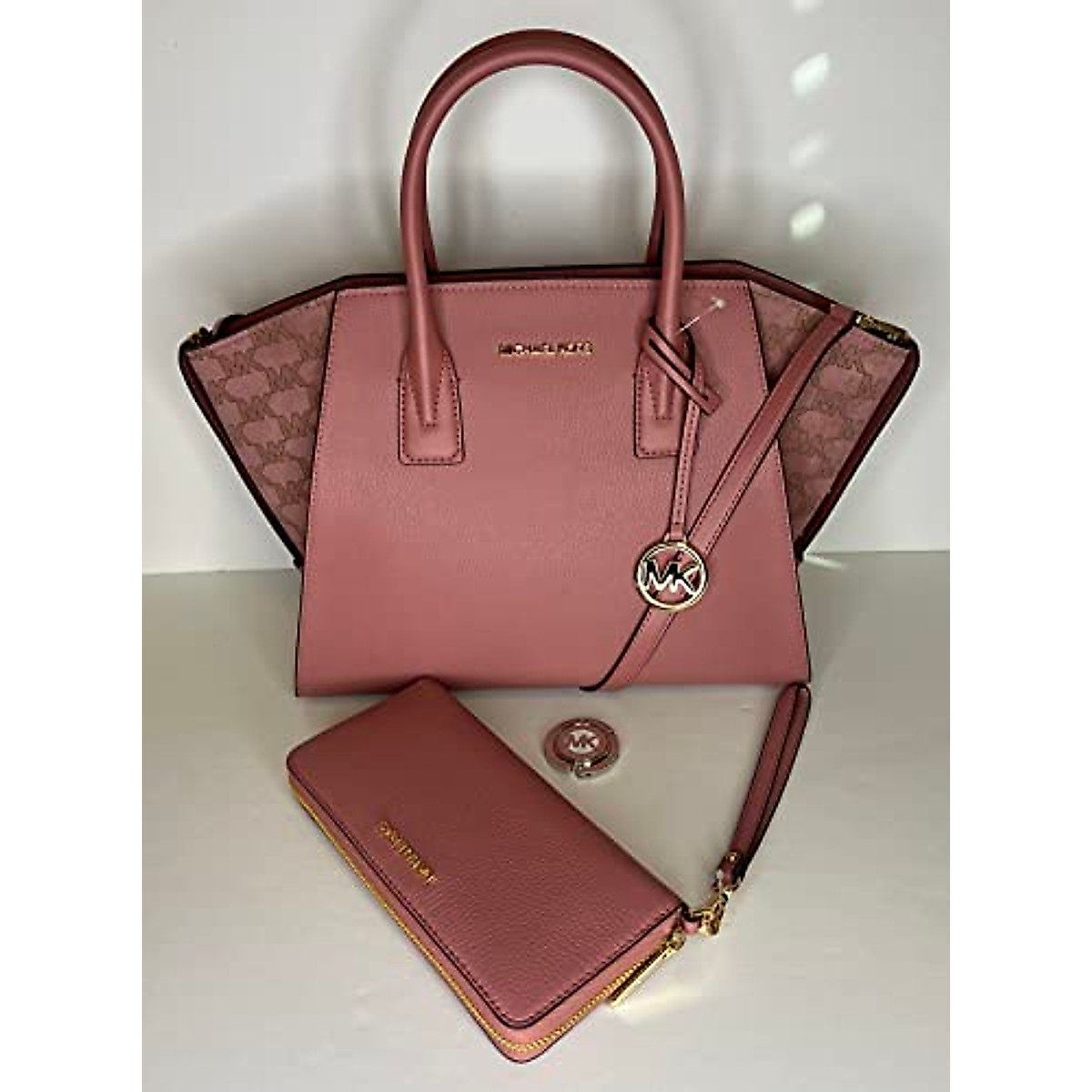 Michael Kors Avril Large Top-Zip Satchel bundled with Large Continental Wristlet Purse Hook (Rose)