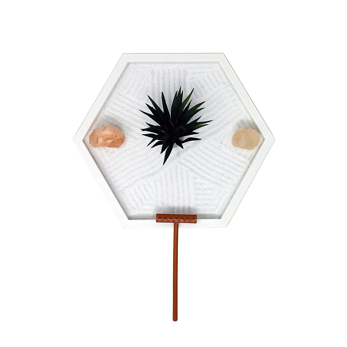 Nature's Mark Mini Zen Garden Kit for Desk with White Sand, Rake, White Base, Salt Rock and Air Plant (Round)