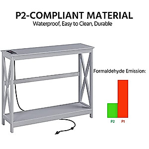 Yaheetech 2-Tier Console Table Narrow Wood Sofa Table with Power Outlets for Entryway Hallway Living Room Corridor, X-Shaped Design,Gray