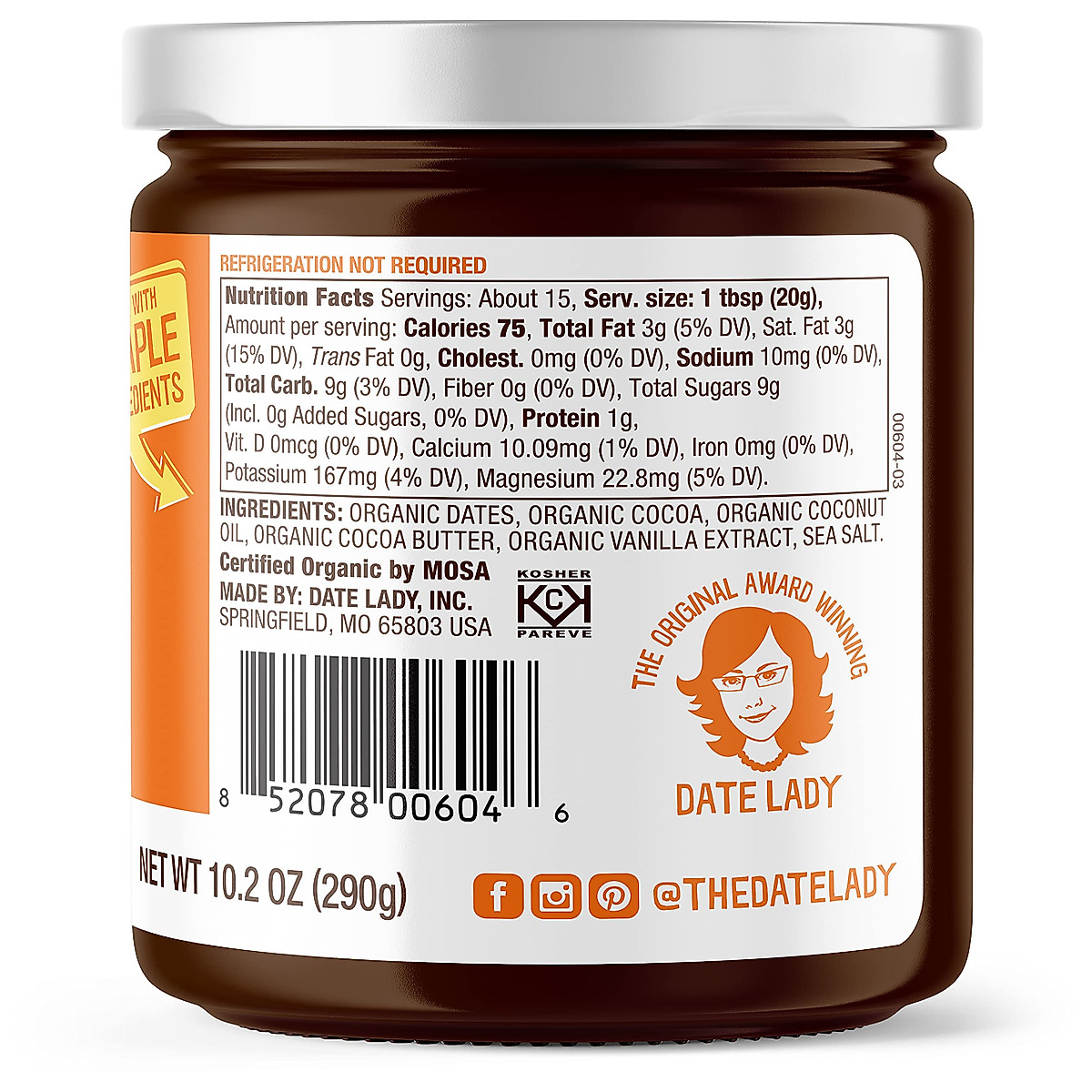 Organic Chocolate Date Spread | Vegan, Paleo, Gluten Free & Kosher, No Added Sugar, No Preservatives (1 Jar) Cocoa Spread Perfect For Dipping Fruit and Using as a Sauce on Ice Cream.