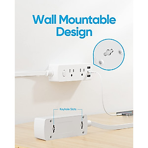 Flat Plug Power Strip, Olcorife Flat Extension Cord 5ft, 6 Outlets 3 USB Ports(1 USB C), 3-Side Outlet Extender Surge Protector for Home Office Travel Dorm Room Essentials, White