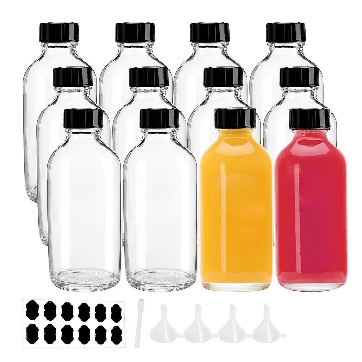 BPFY 12 Pack Clear 4 oz Glass Bottle with Caps, Funnel, Chalk Labels, Pen, Vanilla Extract Bottle, Boston Bottles for Potion, Juice, Ginger Shots, Turmeric Shot, Whiskey, Herbal Medicine, Maple Syrup