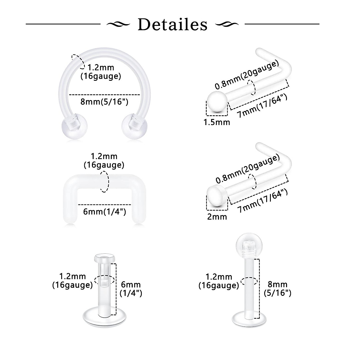 MODRSA Clear Nose Studs Clear Nose Rings for Work Clear Earrings for Sports Clear Piercing Jewelry Plastic Nose Rings for Surgery Septum Retainer Plastic Belly Button Rings Plastic Tongue Rings