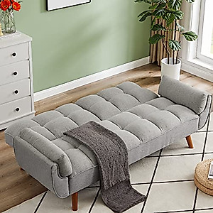 Melpomene Convertible Sofa Sleeper with Armrest,Upholstered Modern Linen Split-Back Futon Sofa Bed with Adjustable Back and Wood Legs,Grey