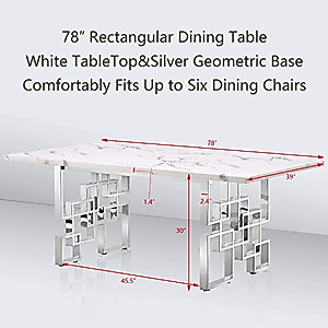 AZhome Modern Dining Table, 78 inches Rectangular Dining Room Table for 6, White Rectangle Tabletop with Silver Mirror Stainless Steel Geometric Base