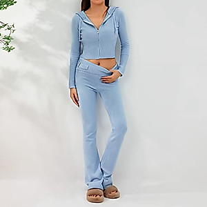 Women Ribbed Knit 2 Piece Outfits Long Sleeve Zipper-Up Slim Fit Hooded Crop Tops High Waist Long Pants Loungewear A Blue