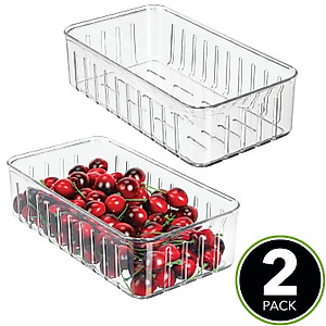 mDesign Plastic Food Container Cabinet Storage Organizer Shallow Bin w/ Open Vents for Kitchen, Pantry, Refrigerator Organization - Holds Fruit, Vegetables, Cheese - Ligne Collection - 2 Pack - Clear