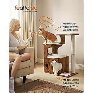 FEANDREA 33.9-Inch Cat Tower, Medium Cat Tree with 3 Beds and Cave, Cat Condo Made of MDF with Wood Veneer, Sisal Post and Washable Faux Fur, Vintage, Rustic Brown and White UPCT70HW