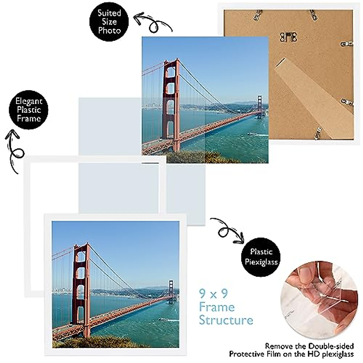 HEYTUYA 9x9 Picture Frame White for Tabletop or Wall Hanging, 9 x 9 Frame, Wall Gallery Photo Frame with Shatter Resistant Plexiglas, White