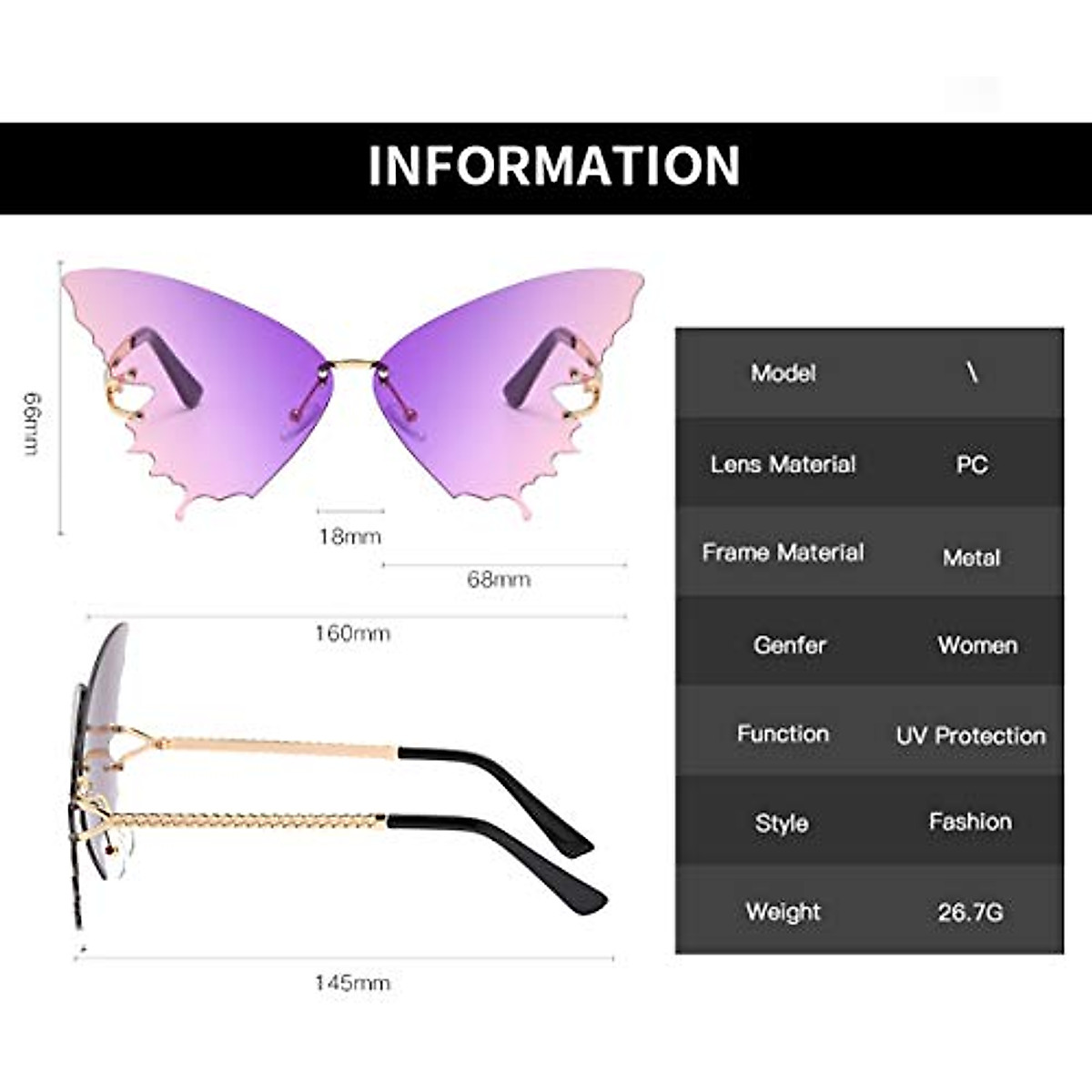 YAMEIZE Fashion Butterfly Rimless Sunglasses for Women Vintage Metal Frame Eyewear UV Protection (PURPLE PINK)