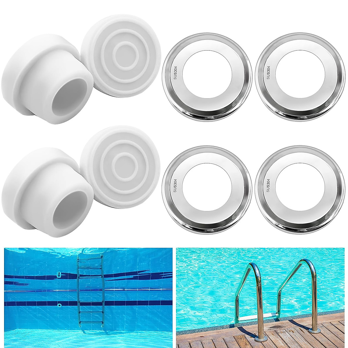 4 Pool Ladder Bumpers for Inground Pool & 4 Stainless Steel Pool Ladder Escutcheon Plates, Rubber Pool Ladder Inside Plug Bumper Caps & Pool Ladder Rings Fits 1.90” Pool Ladder Tubing (B)