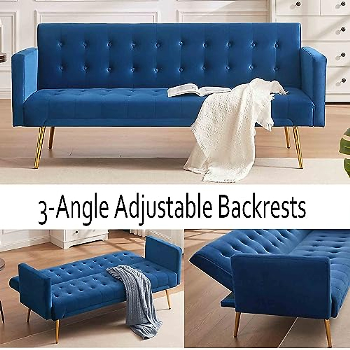 RIDFY 70” Modern Velvet Futon Sofa Bed, Convertible Sleeper Couch with Metal Legs/Armrests, Folding Upholstered Loveseat, 3 Adjustable, Memory Foam Living Seat, Recliner Sofa (Blue)