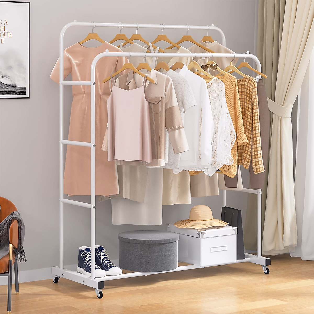 Laiensia Double Rods Clothing Rack with Wheels, Garment Rack for Hanging Clothes, Multi-functional Bedroom Clothes Rack, White