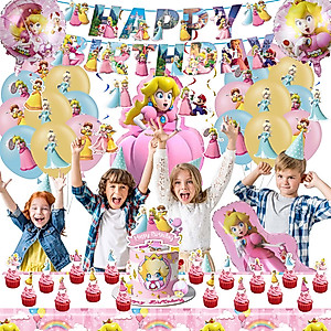 Princess Peach Birthday Party Supplies, Princess Peach Party Decorations, Princess Peach Party Favors Include Banners, Hanging Swirls, Balloons, Cake Decoration, Cupcake Toppers, Tablecloth
