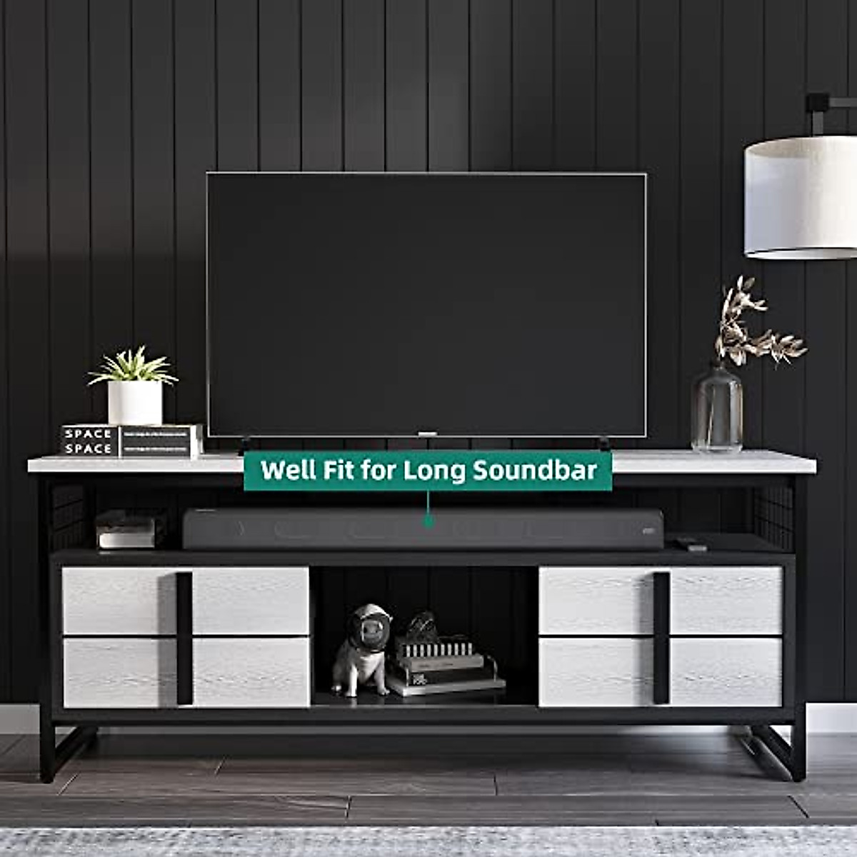 YITAHOME Modern TV Stand for TVs up to 65 Inch, Entertainment Center with Shelf, Wood TV Media Console with Sturdy Metal Legs for Living Room, 300lbs Capacity, White Oak/Black, 59.5"