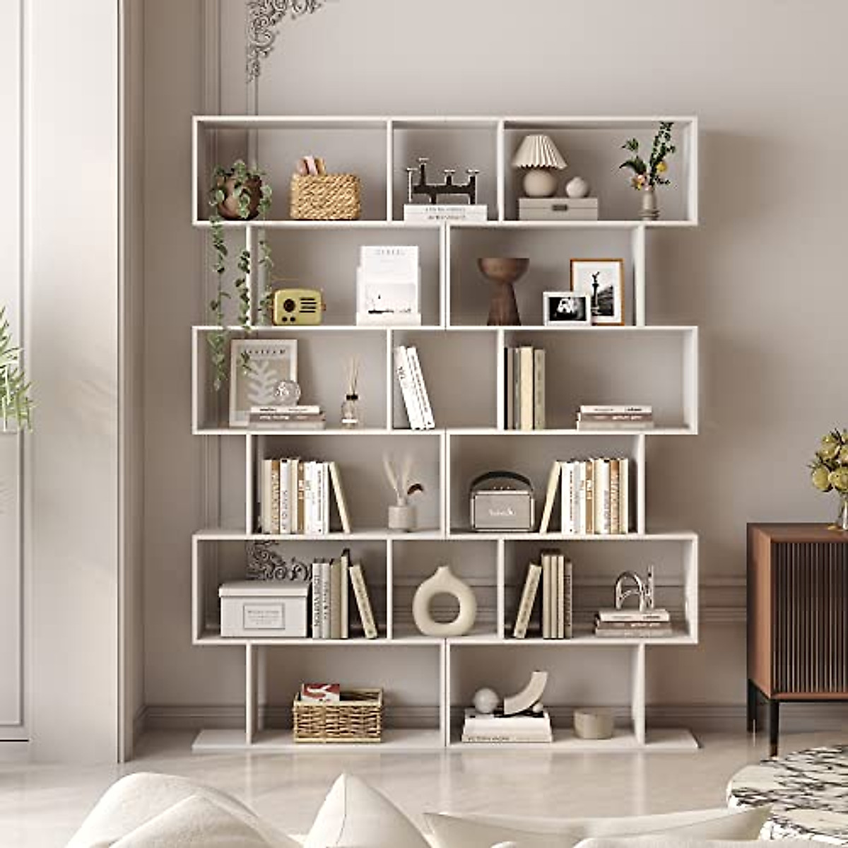 HOMEFORT Wooden Geometric Bookshelf,6-Tier S-Shaped Bookcase,6 Shelf Morden Bookshelves,Unique Freestanding Tall Book Shelf and Book Case for Bedroom and Living Room Home Office,White