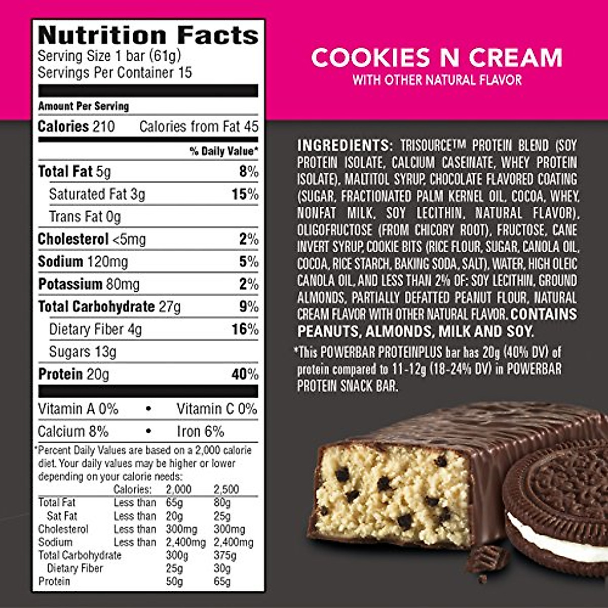 PowerBar Protein Plus Bar, Cookies & Cream, 2.12 Ounce (15 Count)