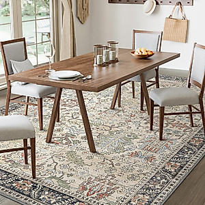 Bavni 8x10 Area Rugs for Living Room, Machine Washable Rug Lightweight Low Pile, Chenille Non Slip Rug Boho Print Decorative Carpet for Bedroom Dinning Room, Ivory/Teal