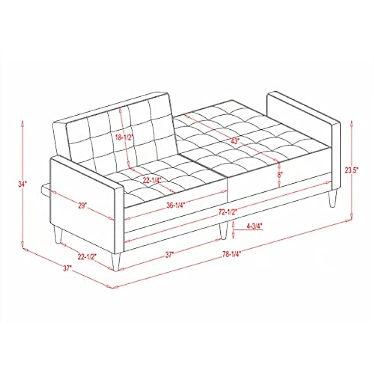 UBGO Convertible Sofa Bed, Adjustable Backrest Loveseat 2 Seat Lovers Couch with Square Arms, Small Space Furniture Set for Living Room, Bedroom, Office, (Velvet Fabric), Black D