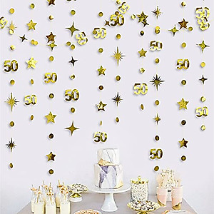 Gold 50th Birthday Decorations Number 50 Circle Dot Twinkle Star Garland Metallic Hanging Streamer Bunting Banner Backdrop for 50 Year Old Birthday Happy 50th Anniversary Fiftieth Party Supplies