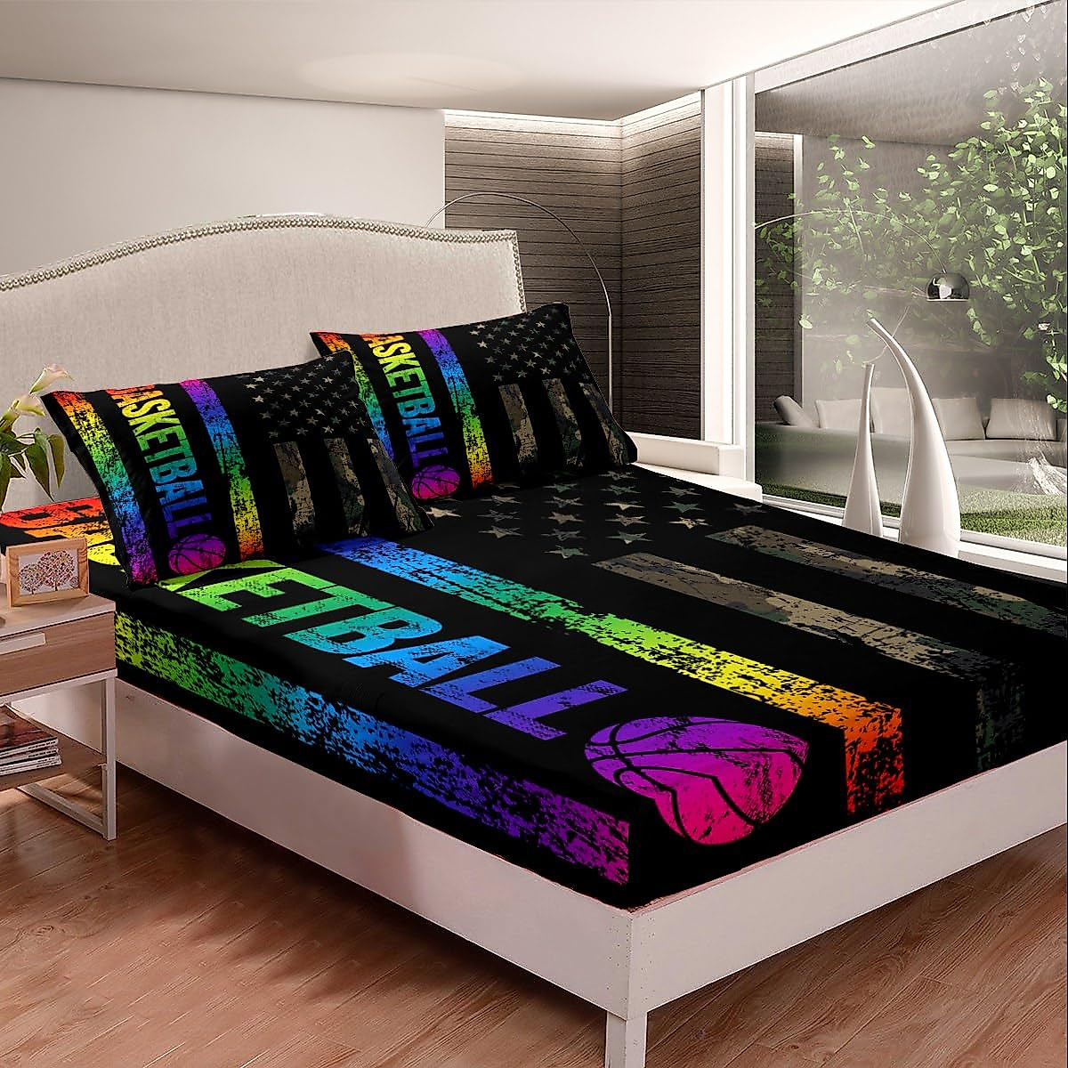 Basketball Boys Bedding Set Twin Size,Ball Sports Games Rainbow Stripes Fitted Sheet for Kids Boys Bedroom,Green Camo Stars American Flag Microfiber Soft Bed Cover,1 Pillow Case